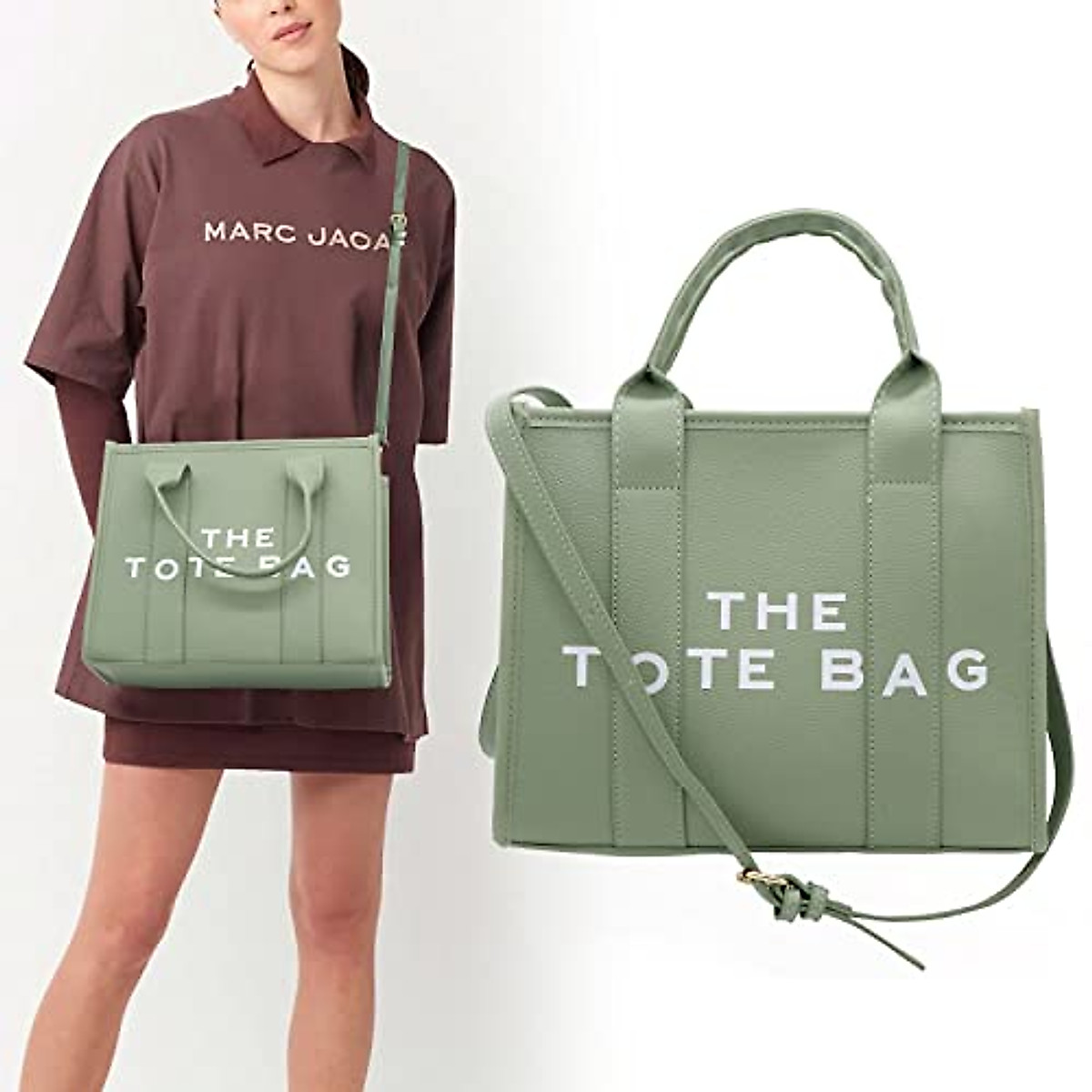 Women's The Tote Bag, PU Leather Tote Bag, Shoulder, Crossbody or Handle Bag for Work, School (10.2X4.2X8.5in) (Light green)