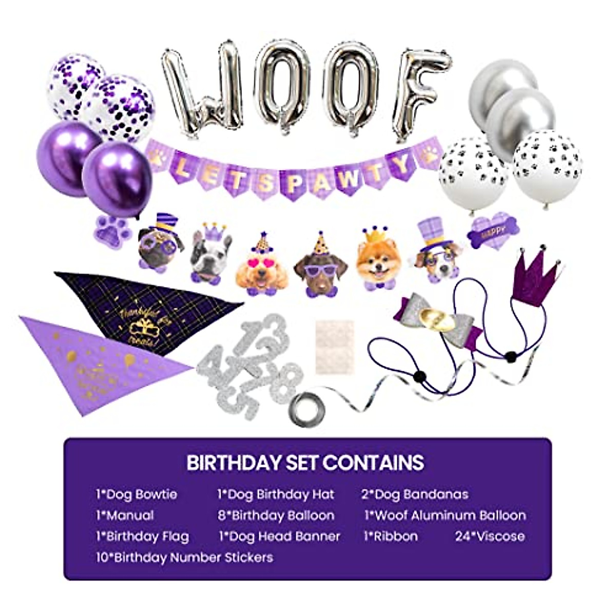 Dog Birthday Party Supplies, Dog Birthday Hat/Bandana/Bowtie/Balloon/Flag/Banner for Small Medium Large Dogs Pets, Doggie Birthday Party Supplies Decorations