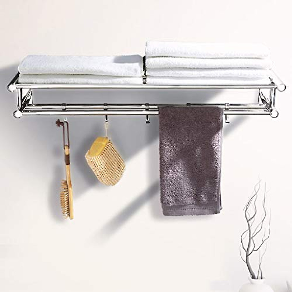 OMOONS Stainless Steel Plated Wall Mounted Bathroom Towel Double Shelf Storage Rail Holder Rack