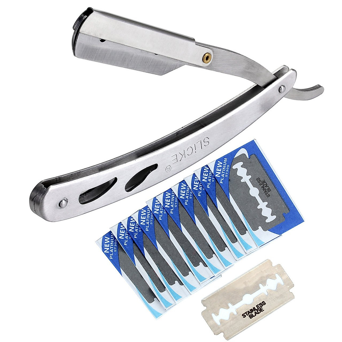 CCbeauty Stainless Steel Barber Men Straight Edge Shaving Razor Knife Handle Badger-hair Beard Shaving Brush Tool Kit and 10Pcs Refill Blades Kit