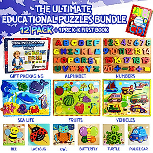 12 Pack Premium Chunky Wooden Puzzles for Toddlers Ages 2-4 - Toddler Learning Toys for Boys & Girls - Alphabet, Numbers, Fruits, Sea Life, Vehicles, Animals - Jigsaw Peg Puzzles for Kids - Value Set