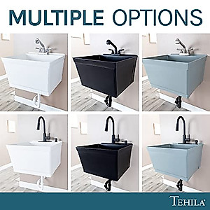 JS Jackson Supplies Tehila Black Wall-Mounted Utility Sink Tub Kit with Black Pull-Down Faucet, Wall-Mounted Utility Tub with Wall Bracket for Laundry Room, Garage, Workshop