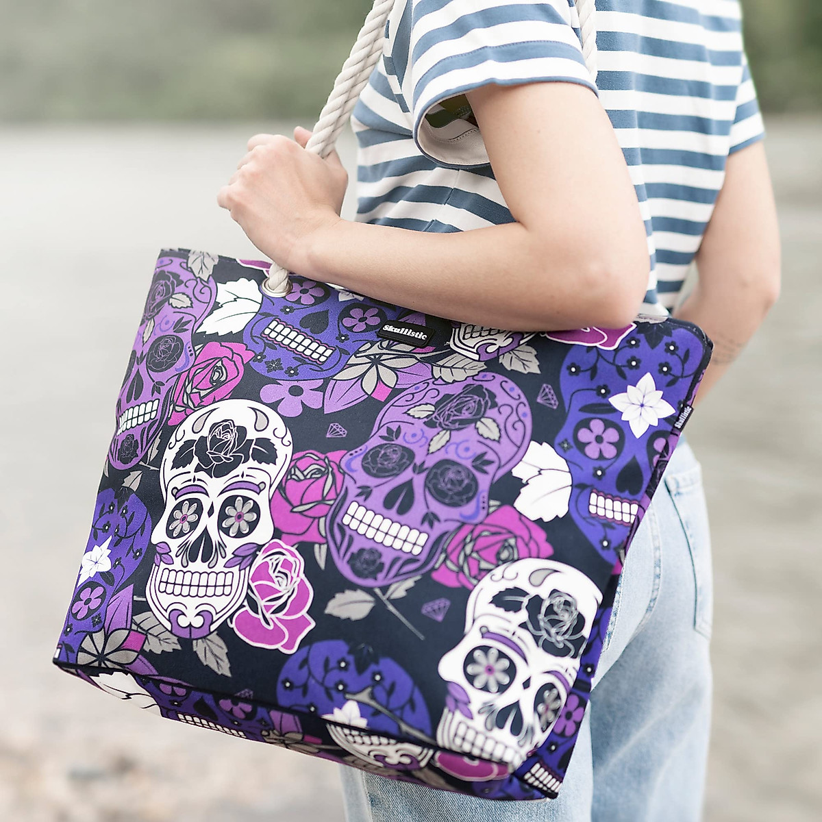 Skullistic Sugar Skull Purple Shoulder Bag - Beach, Travel & Gym, Thick Canvas, L18.5 x H13.5 x W5