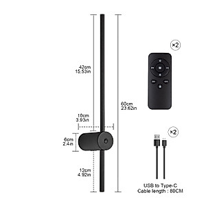 Battery Operated Wall Sconce Set of Two, USB Rechargeable LED Wall Lights with Remote Control, Dimmable Cordless Wall Lamp Indoor, 360° Rotation Reading Lamp for Living Room, Bedroom, Black, 24inch