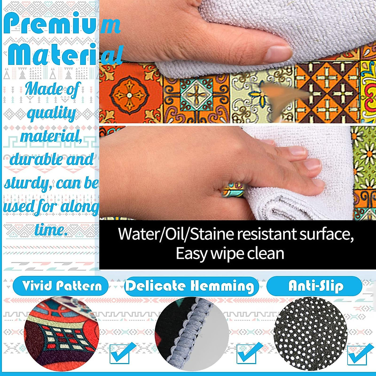 XIQIHEYUE Crystal Velvet Kitchen Rug Set, Anti-Fatigue Microfiber Comfort Runner, Non-Slip Waterproof Machine Washable Standing Mat, for Kitchen, Home, Laundry (2 Pieces)(15"×23"+15"×47", Bohemian B)