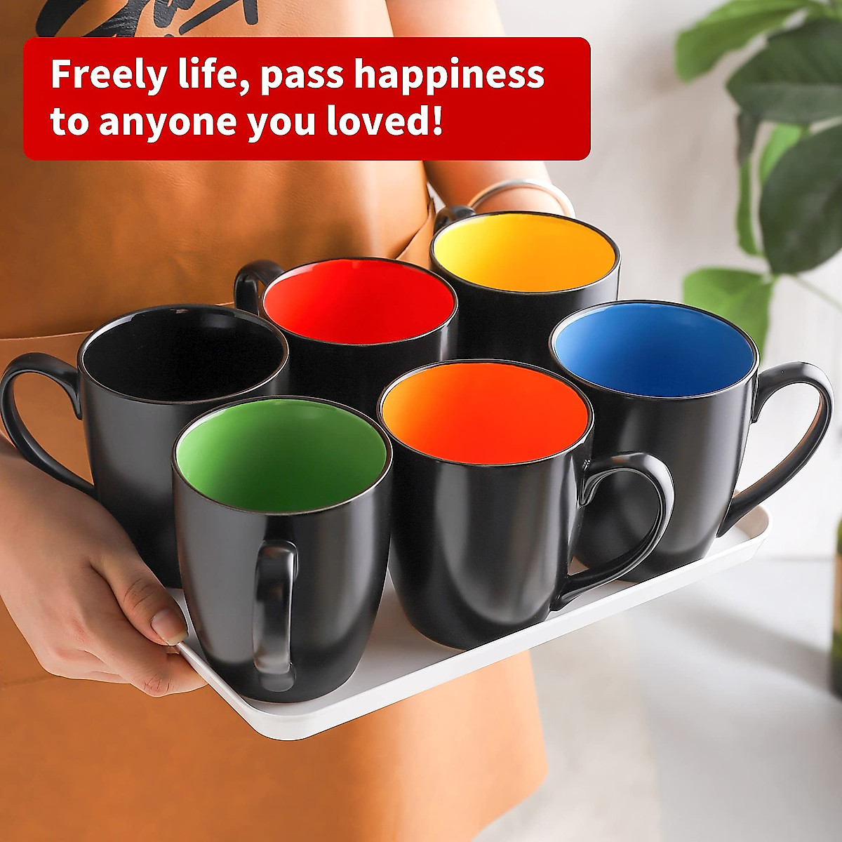 superyes Black Mugs-Sets of 6 for Coffee Cappuccino Latte Cups Set 16OZ(500ml) Red/Yellow/Blue/Green/Orange/Black Inside