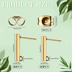 Hinly 80 Pieces Stainless Steel Earring Posts Stud Earring with Loop 80 Pieces Ear Nut Bar Pierced Post for DIY Jewelry Making, 2 Sizes(Gold)