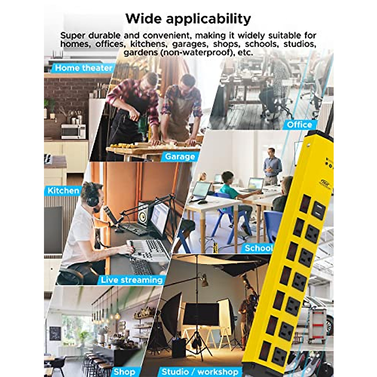 CRST Heavy Duty Power Strip with Individual Switches–6 Outlet 2 USB Ports, 15A/1875W Metal Power Strip Surge Protector Circuit Breaker 1200 Joules, 6FT Mountable Power Strip for Garage, Workshop, Home