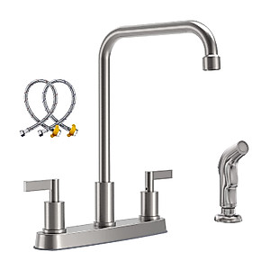 Kitchen Faucet with Sprayer,Brushed Nickel Kitchen Sink Faucet,3 Hole or 4 Hole Faucet for Kitchen Sink,Stainless Steel 2 Handle Kitchen Faucet with Side Sprayer,4 Hole Kitchen Faucets