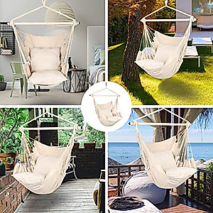 Highwild Hammock Chair Hanging Rope Swing - Max 500 Lbs - 2 Cushions Included - Steel Spreader Bar with Anti-Slip Rings - for Any Indoor or Outdoor Spaces (Beige)