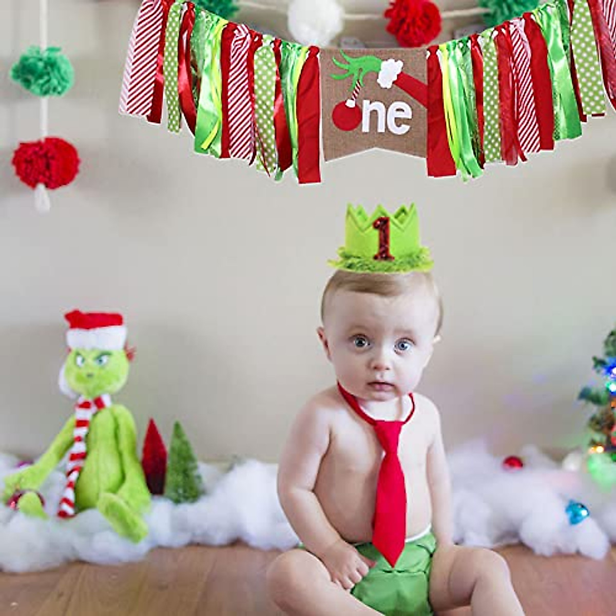 Christmas High Chair Banner, Christmas 1st Birthday Sign Banner, Candy Cane Red & Bright Green Highchair Garland,Christmas Crown Hat for Kids Christmas First Birthday, Photo Booth Props And Cake Smash