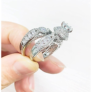 KUYIUIF 2 Pcs Retro Luxury Ring Set 925 Sterling Silver Shiny Full Diamond AAA Cubic Zirconia Solitaire Rings CZ Diamond Ring Set Eternity Engagement Wedding Band Set (7)