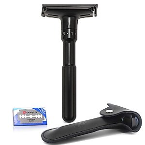 Adjustable Safety razor double edge razor Classic Safety razor, Matte black coating.RZ700 (1 Razor, 1 Leather Protective Sleeve & 10 pcs Titanium Coated Blades)
