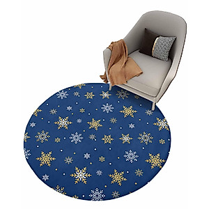 Navy Gold Snowflake Fluffy Round Area Rug Carpets 3.3ft, Plush Shaggy Carpet Soft Circular Rugs, Non-Slip Fuzzy Accent Floor Mat for Living Room Bedroom Nursery Decor Christmas Minimalist White Blue