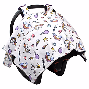 Baby Car Seat Canopy Cover - Unicorn and Rainbows with Purple Minky Dot