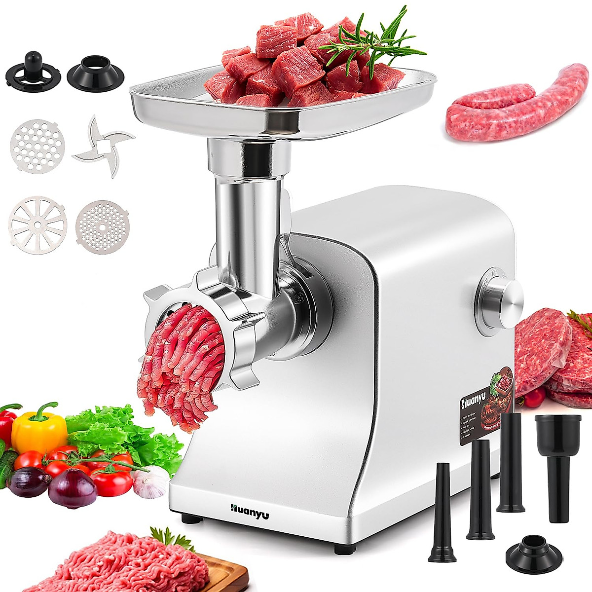 Huanyu Meat Grinder Electric 2800W Max Meat Mincer with Stainless Steel Blade&3 Plates, 3 Sausage Stuffers, Kubbe Kits Heavy Duty Food Grinding Machine for Home Kitchen & Commercial Using