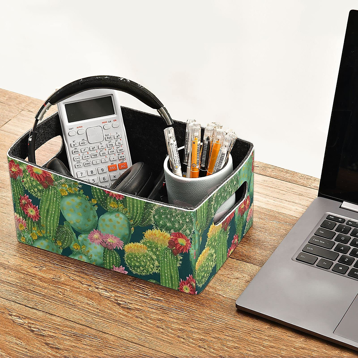 Emelivor Cactus Flowers Storage Basket Bins Set (2pcs) Felt Collapsible Storage Bins with Handles Foldable Shelf Drawers Organizers Bins for Laundry Room Organization