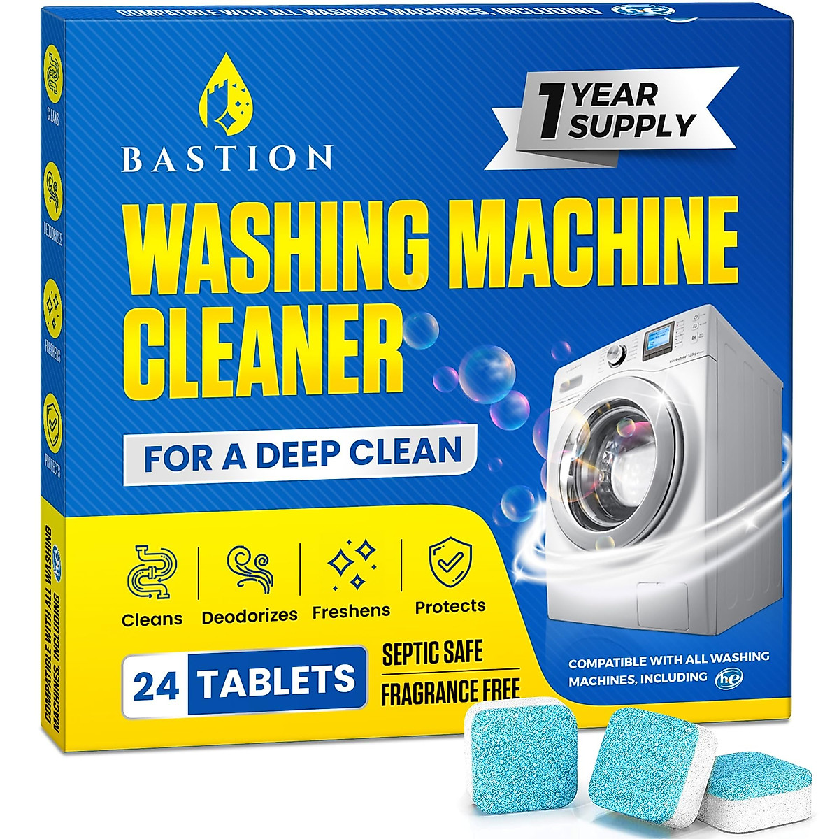 Washing Machine Cleaner Tablets 24 pack Powerful Descaler -Deep Cleaning for HE Front Loader & Top Load Washer Septic Safe Eco-Friendly Deodorizer Clean Drum & Laundry Tub Seal- Year's Supply