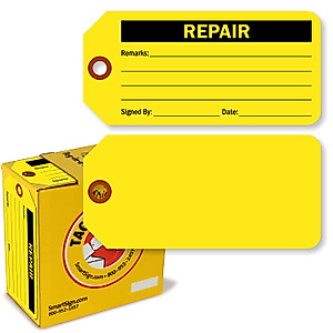 SmartSign Pack of 100 Repair Fluorescent Cardstock Tags in Dispenser Box | 3" x 6.25", Fiber Patch, Write-On