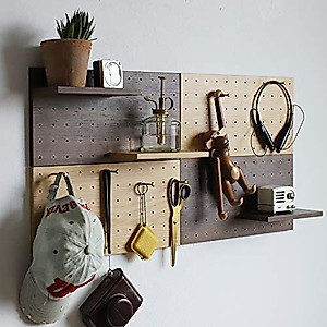 XAOHOME Wooden Pegboard, Sturdy Peg Board for Walls Modular Grid Organizer, DIY Storage and Display Panels with Shelves and Brass Hooks(Yellow)