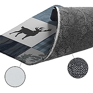 Large Rectangular Area Rugs 5' x 7' Living Room, Retro Countryside Bear Moose Woods Durable Non Slip Rug Carpet Floor Mat for Bedroom Bedside Outdoor Blue Grey Buffalo Plaid