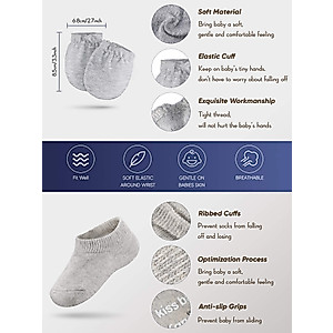 Baby Hats Mittens and Socks Set Include 5 Pieces Newborn Beanie Caps with Cute Bear Ears 10 Pieces No Scratch Mittens and 10 Pieces Non-Slip Baby Socks for 0-6 Months Baby Boys and Girls