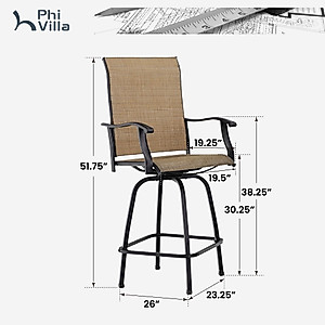 PHI VILLA Outdoor Bar Stools Set of 4, Swivel Patio Bar Stools & Chairs with 30" Seat Height & Brown Textilene Backrest, Tall Outdoor Chairs Bar Funiture for Outside, Porch and Yard
