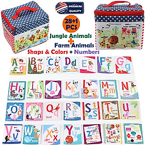 Alphabet Baby Toy Gift, Soft Cloth Alphabet Cards 28PCS, ABC Learning Flash Cards with Bag, Early Educational Learning Toys for Babies Infants Toddlers 1-2 2-4 Years Boys Girls, & Animal Guide Book