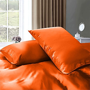 Rico Bedding 7 Pc Silk Satin Sheets| Silk Satin Duvet Cover| Silk Flat Sheet & Deep Pocket Fitted Sheet Set| Silky Smooth Pillowcases| Comfy & Luxurious Sheets Set|(Orange/California King)