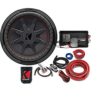 KICKER Subwoofer and Amp Package of 3 Items - 8" CompRT 600 Watt Max Sub, DS18 Class D 2-Channel Amplifier, and Complete 8AWG Wiring Kit