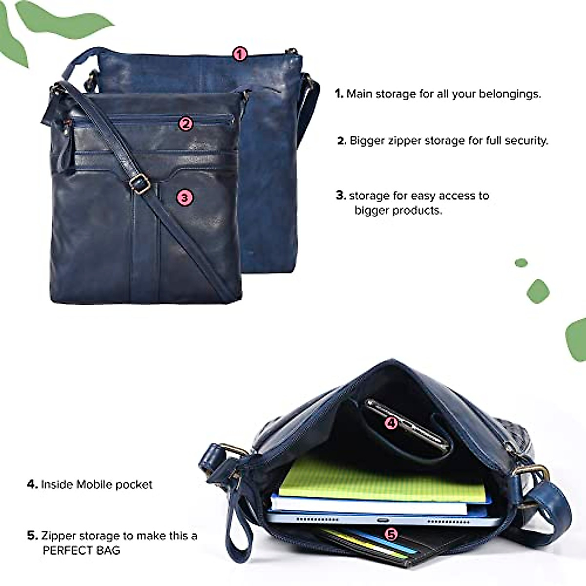 Leather Crossbody Bags for Women - Ladies Sling Handbags - Medium Cross body Purses Handbags - Purses For Women (Blue Classic)