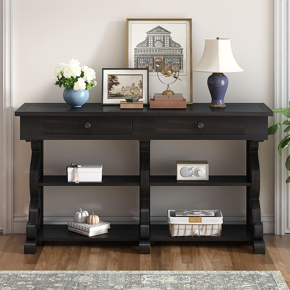 Retro Solid Wood Console Table with Ample Storage, Classic Sofa Table Sideboard Accent Entryway Table with 2 Drawers and Open Adjustable Shelves for Entrance Dinning Room Living Room (Antique Black)
