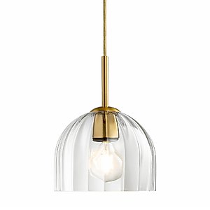 Lighten Chance Modern Pendant Light Kitchen Island, Bell Lamp Shape Hanging Ceiling Lighting Fixture with Clear Striped Glass Lampshade Dining Room, Warm Brass Finish
