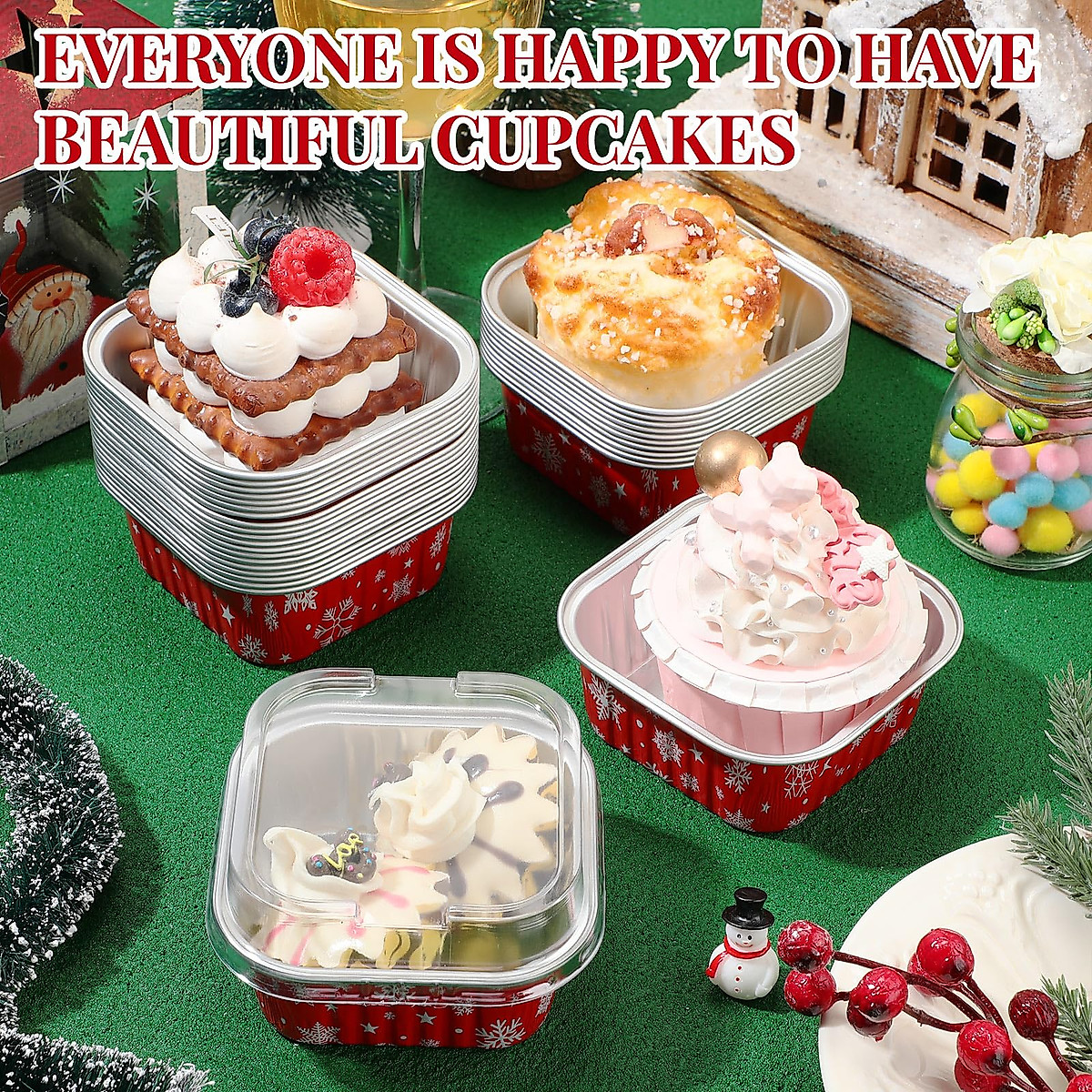 Suttmin 200 Pcs Christmas Baking Cups Foil Pans with Lids 5oz Mini Cake Containers Aluminum Cupcake Liners Square Dessert Cups Xmas Disposable Tin Muffin for Xmas Party(Snowflake)