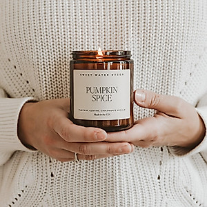Sweet Water Decor Pumpkin Spice Candle - Fall Candles with Pumpkin, Clover, Cinnamon & Vanilla Scent for Home - Pumpkin Candle with 40 Hours Burn Time - 9Oz Black Lid Amber Jar Pumpkin Soy Candles