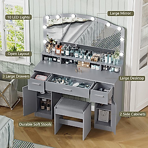 usikey Makeup Vanity with Lights, Vanity Desk, Makeup Vanity Table with 3 Drawers, 2 Cabinets & Long Storage Shelf, 10 Led Lights, Dressing Vanity Table with Stool, for Women, Girls, Bedroom, Grey