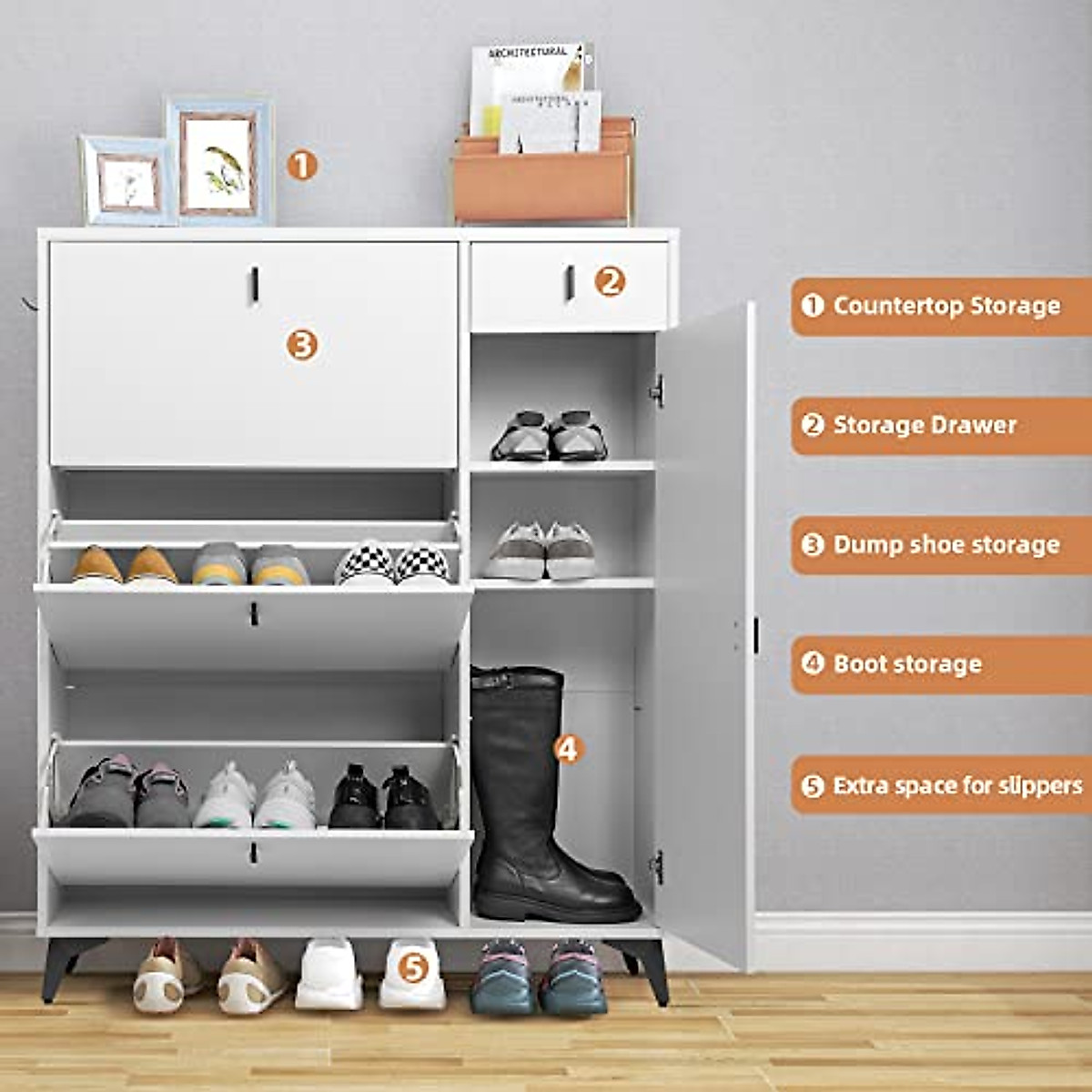 ARTETHYS Shoe Cabinet-Freestanding Shoe Storage Cabinet 22 Pair Shoe Rack Storage Organizer with 3 Flip Drawers-White Modern Shoe Organizer Cabinet with Doors for Entryway
