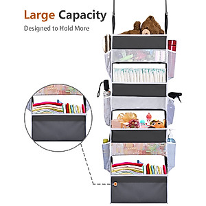 ULG Over Door Organizer with 4 Large Pockets 6 Mesh Side Pockets, 33 lbs Weight Capacity Hanging Storage Organizer with Clear Window for Bedroom Nursery, Baby Kids Toys, Diapers, Dark Grey (1 Pack)