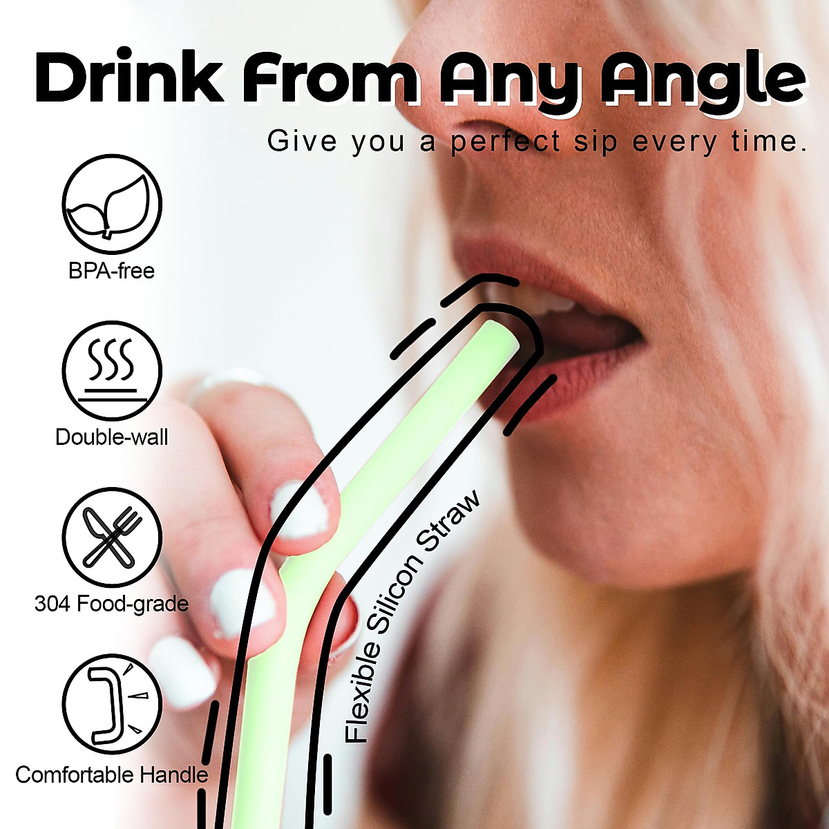 winiwo 40 oz Tumbler with Handle and Straw for Her, Flexible Straw, Insulated Tumbler Cups with Silicone Bottom, Keeps Beverages Cold Up to 24 Hours, Gym/Work/Travel/School/Gift（Bud Green）