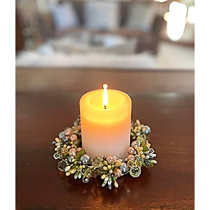 6 Inch Crystal and Pearlized Berry Candle Ring, Holds 3.75 Inch Pillar Candle - Green, Blue, Yellow and Blush