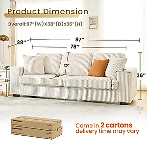 97 in Sofa Couch, Big Comfy Couch for Living Room, Cloud Couch with Oversized Armchair, Small Sofa with 24 in Deep Seat, Velvet Couch for Home and Apartment, Modern Couch, 3 Seater Couch, Beige