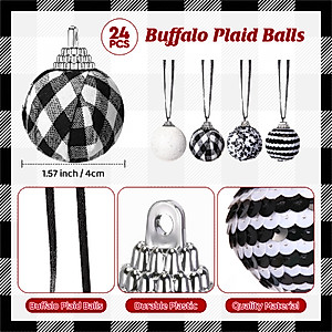 49 Pcs Christmas Tree Hanging Ornament Set Artificial Glitter Poinsettias Flower with Clips Sequin Christmas Ball Ornaments Black and White Buffalo Plaid Decorations Wired Edge Plaid Ribbon Tree Decor