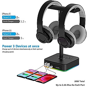 KAFRI RGB Dual Headphone Stand with USB C Charger Desk Gaming Double Headset Holder Hanger Rack with 3 USB Charging Port and 2 Outlet - Suitable for Gamer Desktop Table Game Earphone Accessories Gift