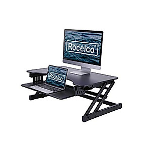Rocelco 32" Height Adjustable Standing Desk Converter - Quick Sit Stand Up Dual Monitor Riser - Gas Spring Assist Tabletop Computer Workstation - Large Retractable Keyboard Tray - Black (R ADRB)