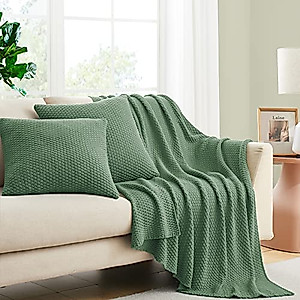 TREELY 3 Piece Sage Green Knit Throw Blanket Set,Warm Knitted Blankets 50" x 60" and 2 Square Pillow Covers 18" x 18", Decorative Throw Blankets for Couch Sofa Bed Living Room