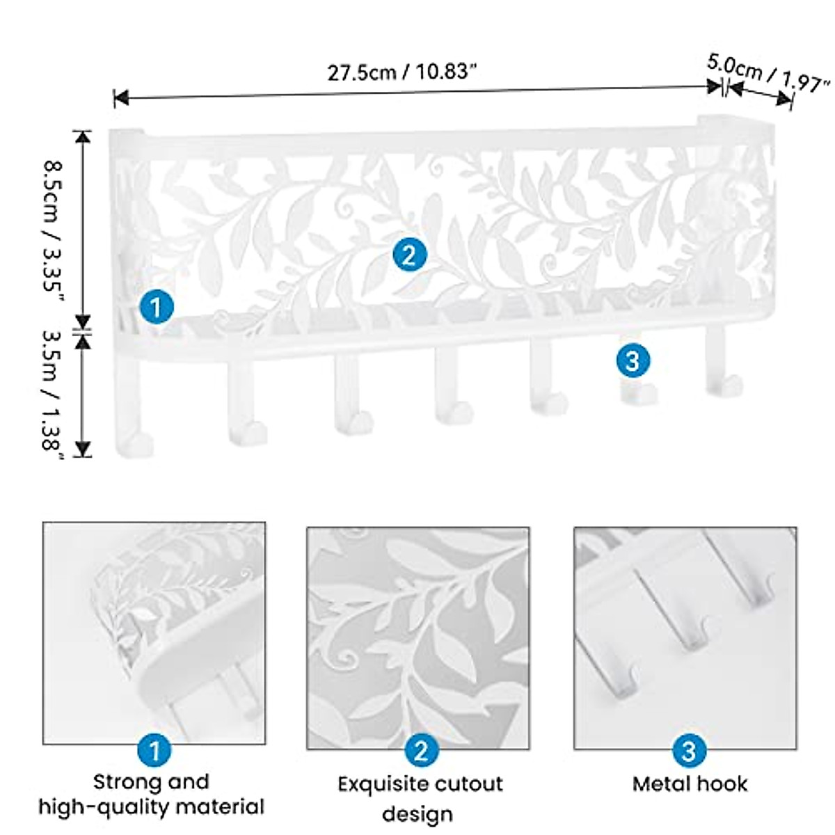 WYTAOHZL Key Holder for Wall Mail and Key Holder for Wall with 7 Key Hooks 11X4.6X2Inches Eucalyptus Design Mail Organizer Wall Mount Key Holder White Metal Key Hooks Key Hangers for Home Decorative