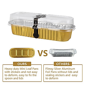 ABuff 100 Pack Mini Loaf Pans with Lids, 6.8oz Aluminum Foil Disposable Baking Pans With Lids and Spoons, Rectangle Pans Tins Containers Cake Pans for Brownie Cake Cheesecake - Gold