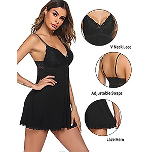 Avidlove Womens Sleepwear Lace Babydoll Sexy Chemise V-Neck Nightgown Modal Nightie(Black,L)