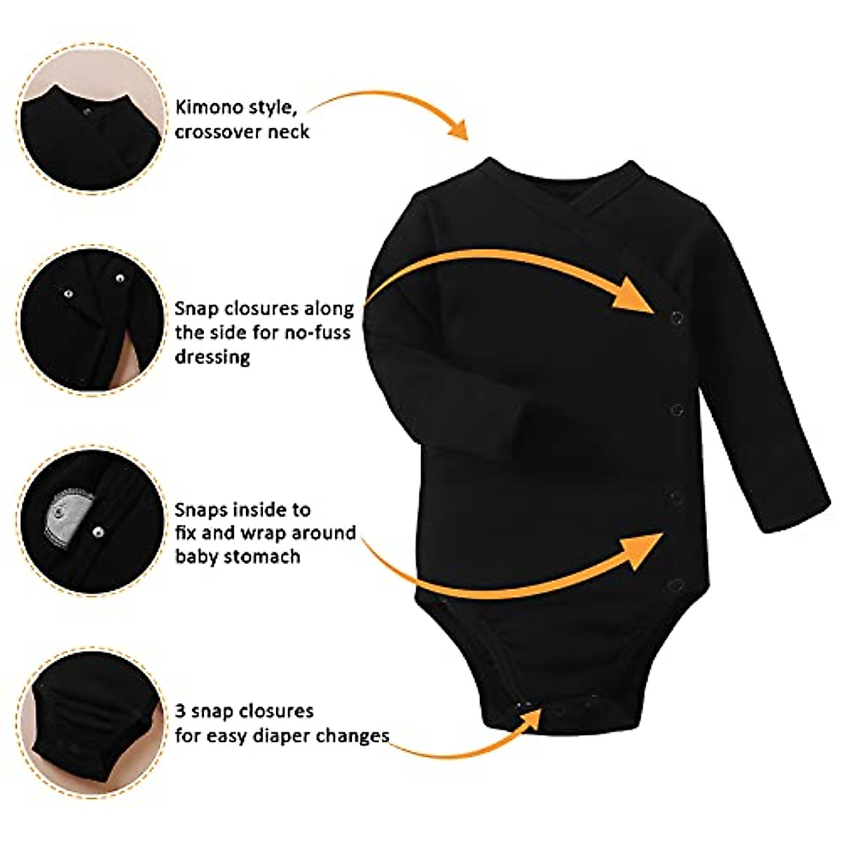 DEFAHN Baby Side Snap Kimono Bodysuit Long Sleeve with Mitten Cuffs 100% Cotton 3-Pack Unisex Onsies for Newborn Boy Girl (3Pc BK-WH-GY, Newborn)