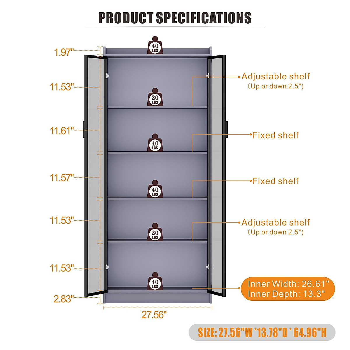 Storage Cabinet with Doors Adjustable Shelves - 65" Grey Tall Kitchen Pantry Organizer with Metal Handle/LED Lights/Human Sensor - 5 Tier Display Bookcase for Bedroom Living Room Office